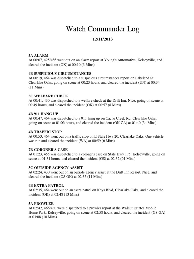 Lake County Sheriff's Watch Commander Logs | PDF | Traffic Stop | Crime ...