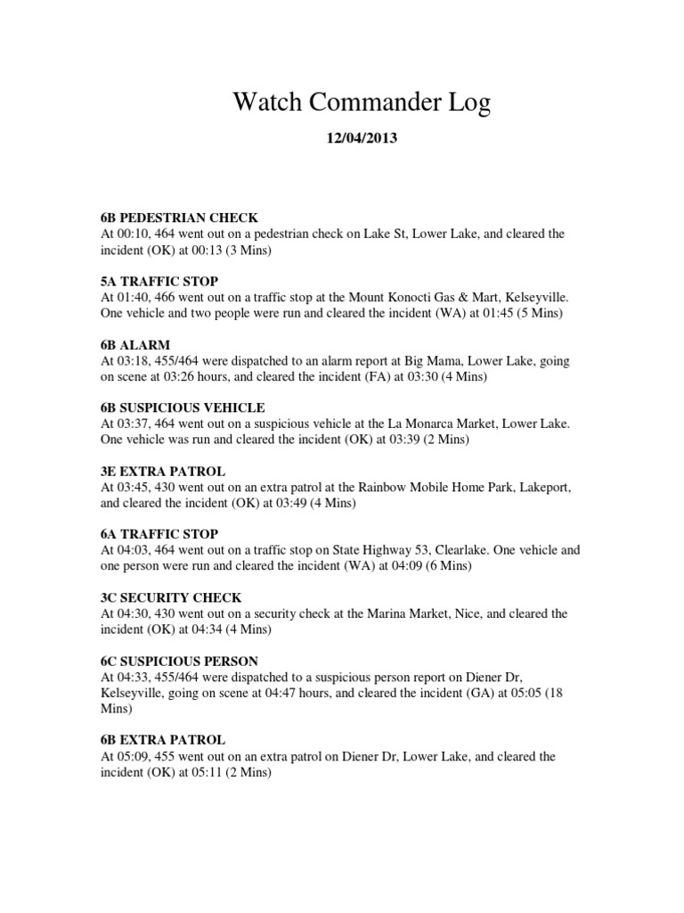 Daily Watch Commander Log Summary | PDF | Traffic | Transport