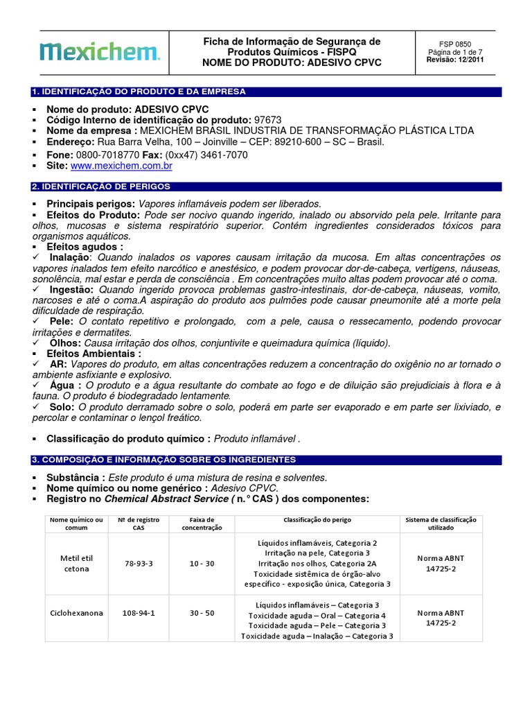 FISPQ Adesivo CPVC - Mexichem Brasil | PDF | Oxigênio | Combustão