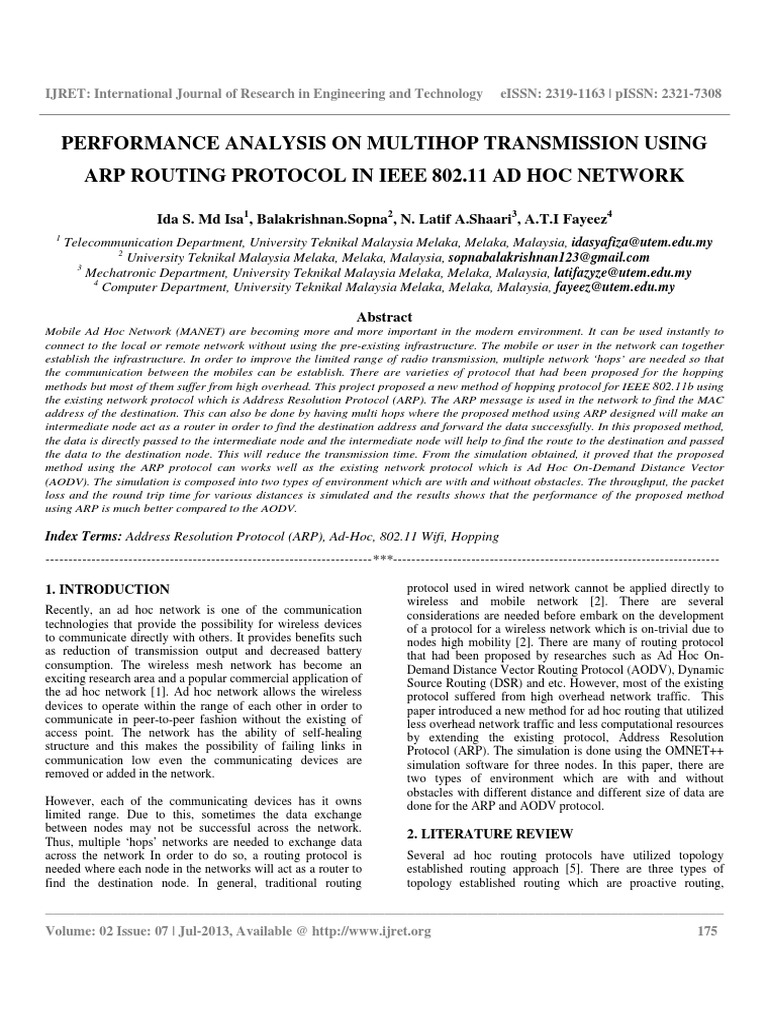 Performance Analysis On Multihop Transmission Using Arp Routing Protocol in Ieee 802.11 Ad Hoc ...