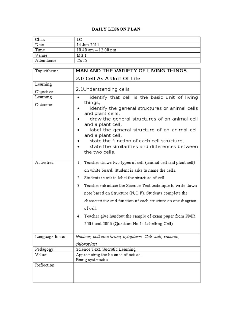 Daily Lesson Plan 1C: Nucleus, Cell Membrane, Cytoplasm, Cell Wall ...
