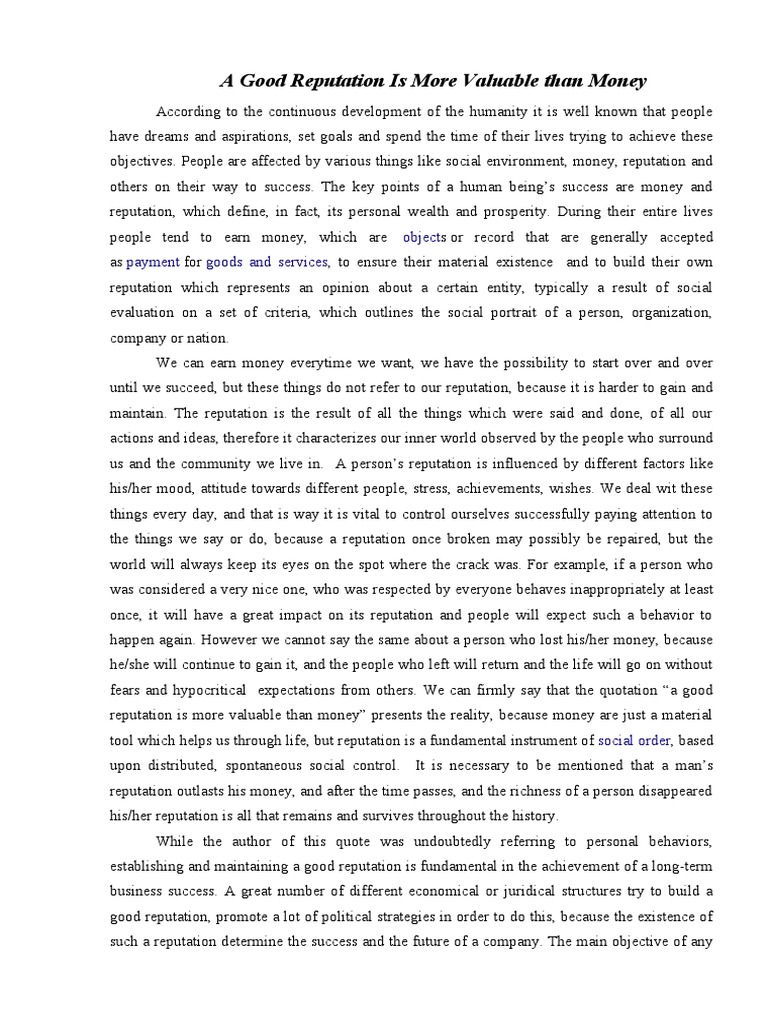 A Good Reputation Is More Valuable Than Money | PDF | Reputation ...