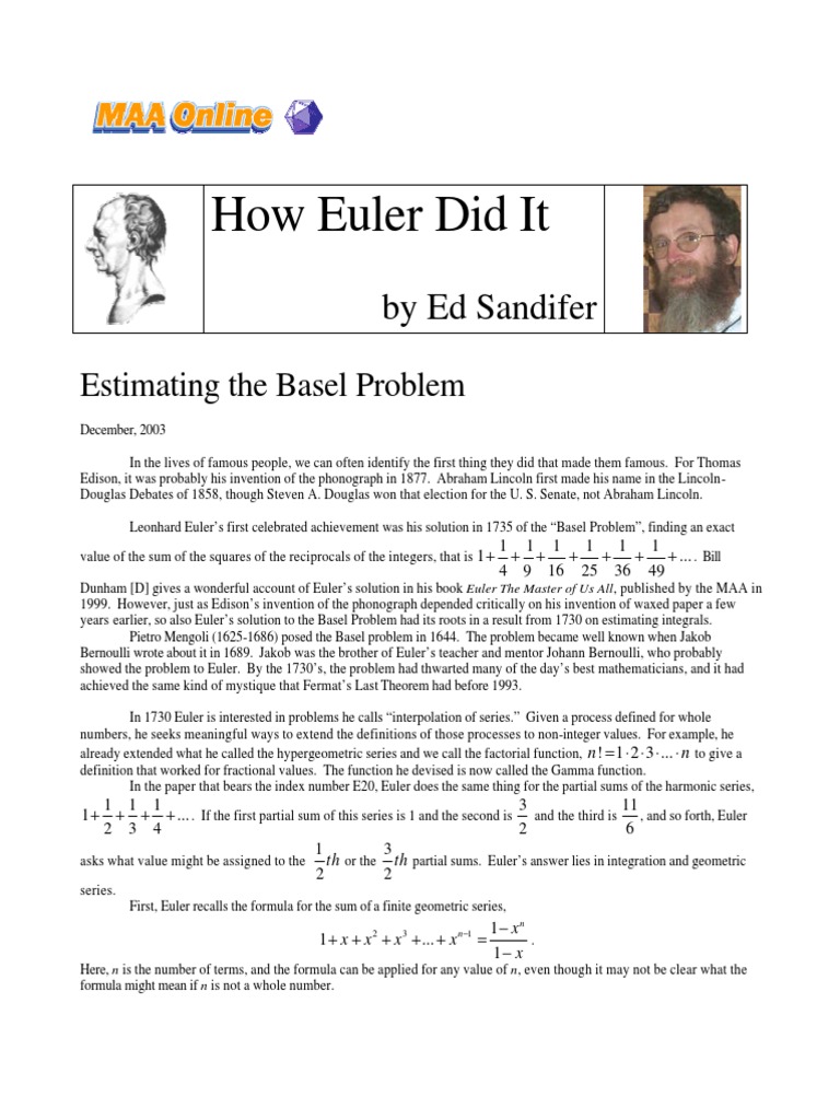 How Euler Did It 02 Estimating The Basel Problem | PDF