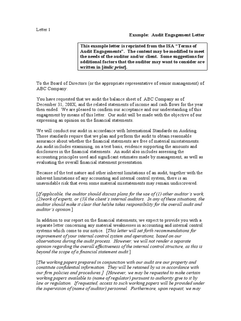 Engagement Letter Example | PDF | Financial Audit | Audit