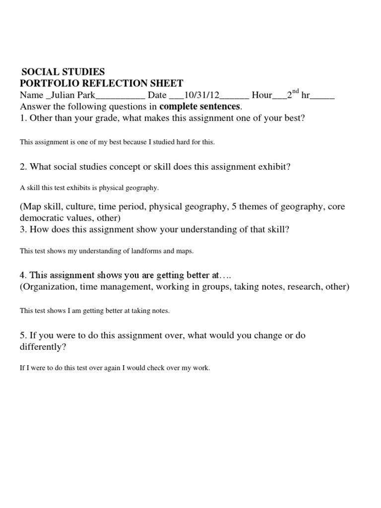 Social Studies Reflection Sheet | PDF | Science & Mathematics