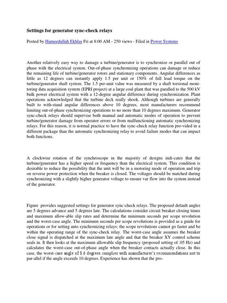 Settings For Generator Sync-Check Relays | Download Free PDF | Relay ...