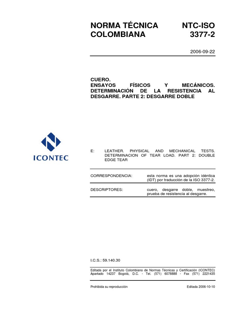 Norma NTC-ISO 3377-2: Desgarre Doble Cuero | PDF | Referencia | Ingeniería