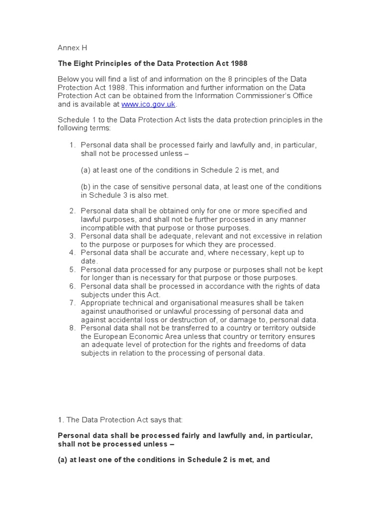 The Eight Principles of The Data Protection Act 1988: WWW - Ico.gov ...