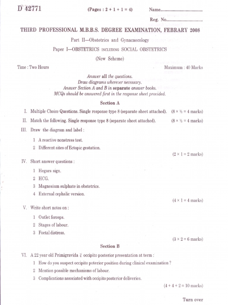 February 2008 - Obstetrics and Gynecology - Question Paper | PDF