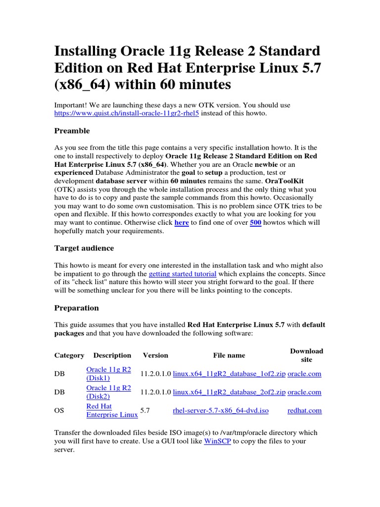 Installing Oracle 11g Release 2 Standard Edition On Red Hat Enterprise Linux 5 Pdf Oracle