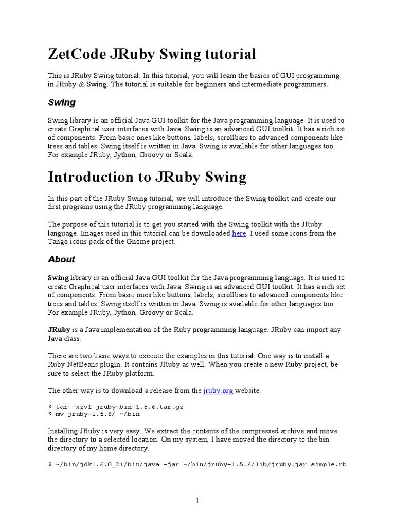 ZetCode JRuby Swing Tutorial | PDF | Computer Programming | Human–Computer Interaction