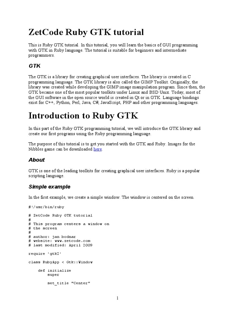 ZetCode Ruby GTK Tutorial | PDF | Widget (Gui) | Graphical User Interfaces ZetCode Ruby GTK Tutorial | PDF | Widget (Gui) | Graphical User Interfaces