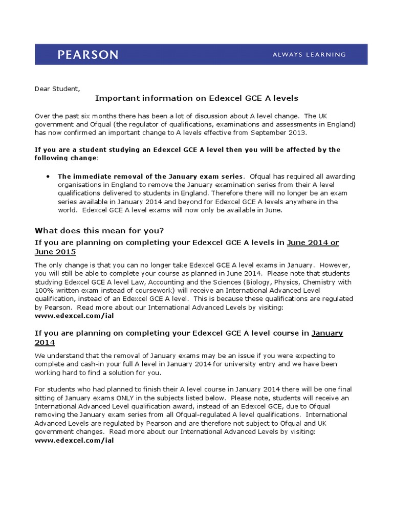 Letter To Parents and Students From Edexcel | Download Free PDF | Gce ...