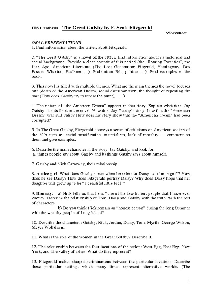 2013-2014 The Great Gatsby Worksheet | PDF | The Great Gatsby | English ...