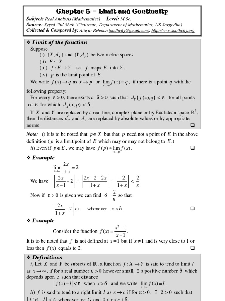 Limit and Continuity in Real Analysis | PDF | Continuous Function ...