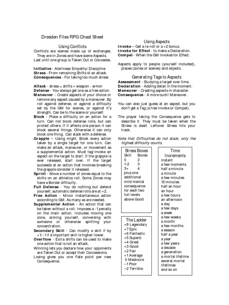 DFRPG Cheat Sheet - Dresden Files RPG | PDF