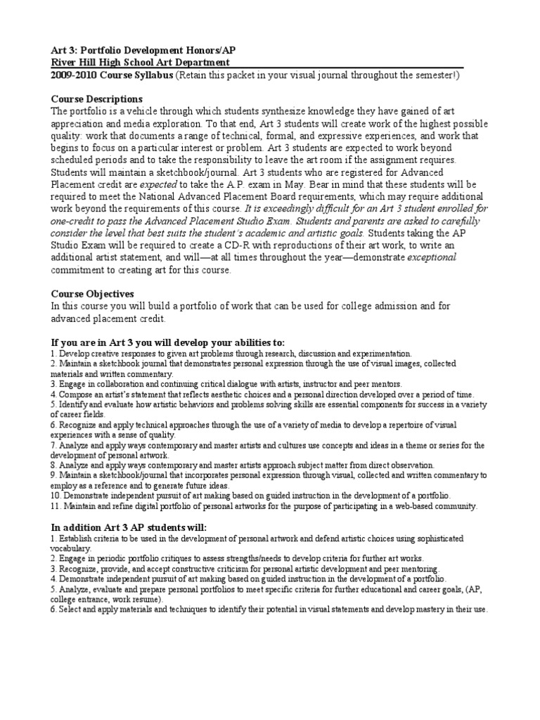 Art 3 Syllabus 2009 | PDF | Advanced Placement | Homework