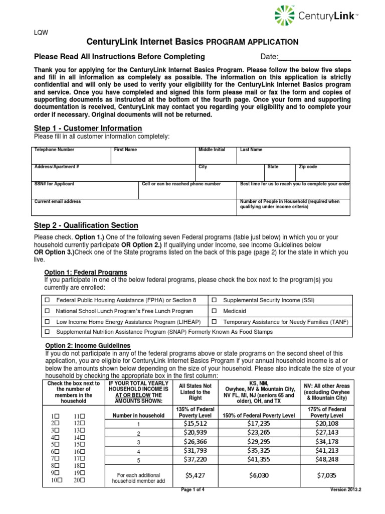 CenturyLink Internet Basics Application CRIS | PDF | Supplemental Nutrition Assistance Program ...