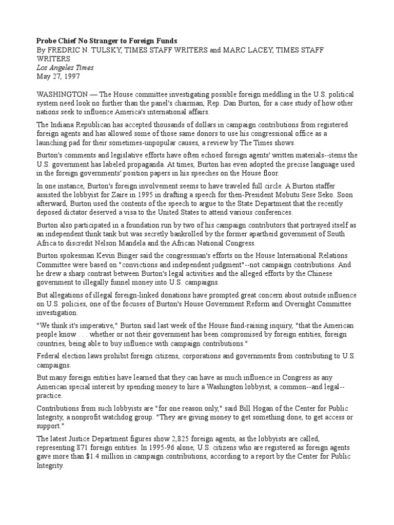 Probe Chief No Stranger To Foreign Funds | PDF | United States Congress ...