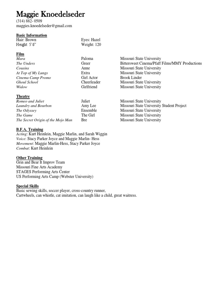 Maggie Knoedelseder's Acting Resume | PDF | Sports & Recreation
