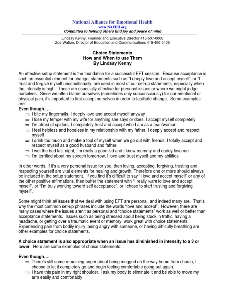 EFT Choice Method Basic Statements | PDF | Procrastination ...