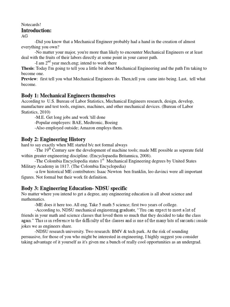 Speech notes | Engineer | Mechanical Engineering