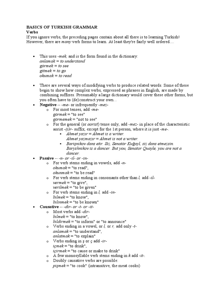 Basics of Turkish Grammar | PDF | Rules | Verb