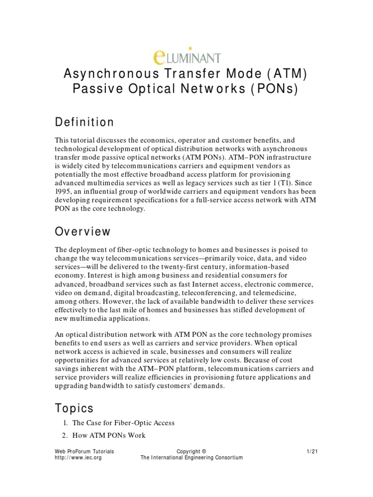 Asynchronous Transfer Mode (ATM) Passive Optical Networks (PONs) | PDF ...