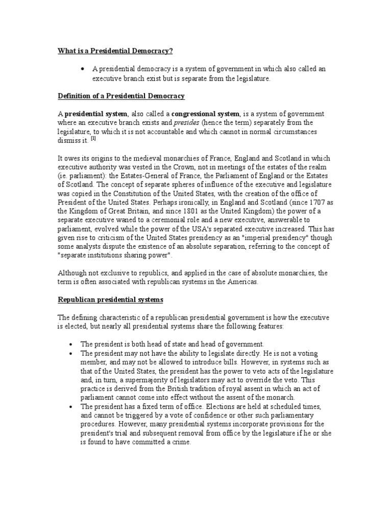 What Is A Presidential Democracy | PDF | Heads Of State | Veto
