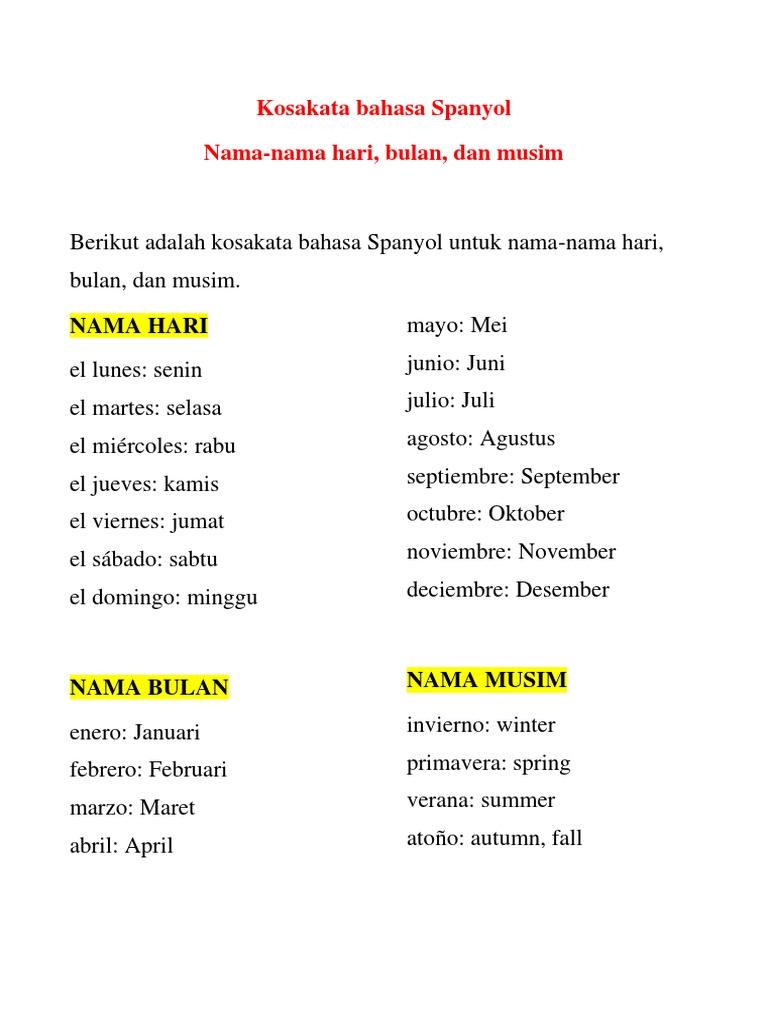 Nama Hari Bulan Musim SPANYOL | PDF