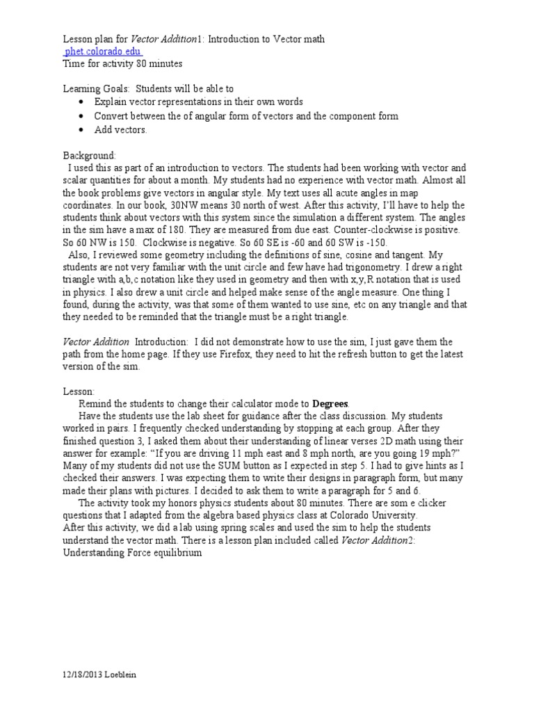 Lesson Plan For Vector Math | PDF | Trigonometric Functions | Euclidean Vector