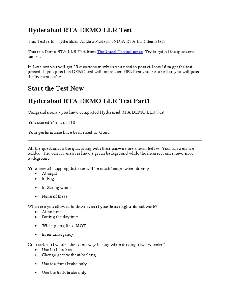 Hyderabad Rta Demo LLR Test | PDF | Land Transport | Road Transport