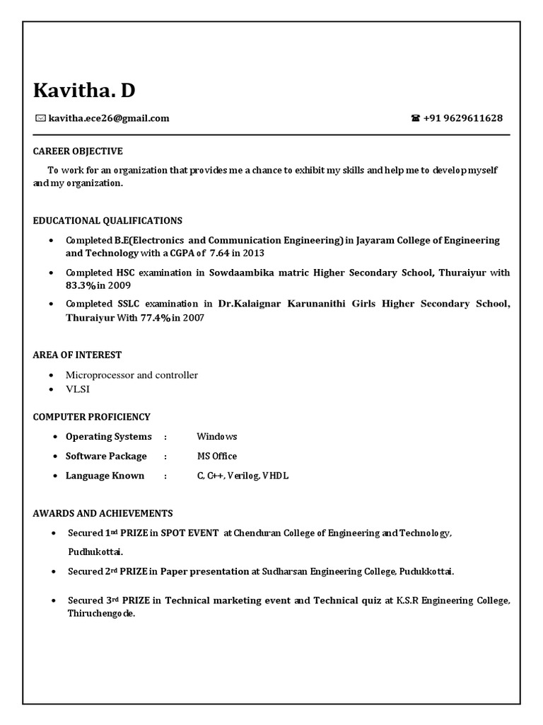 Kavitha Resume | PDF | Engineering | Science And Technology