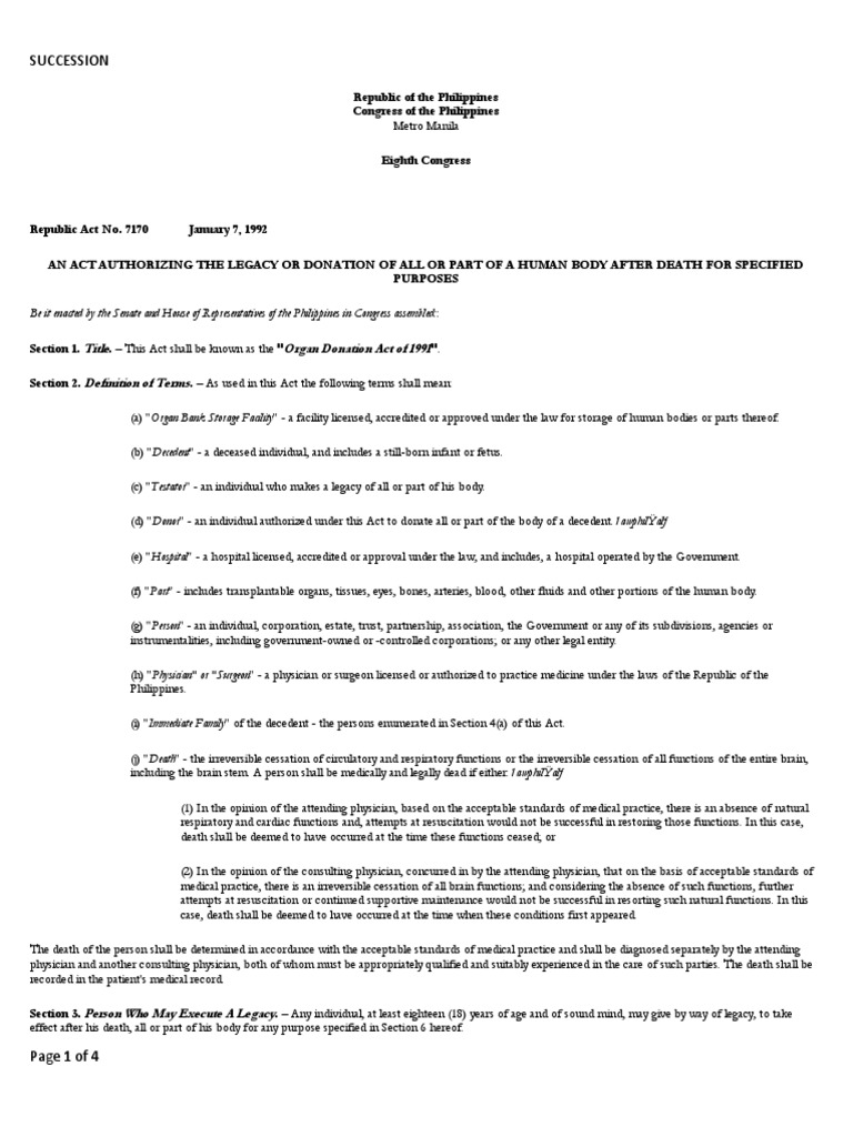Ra 7170 | PDF | Will And Testament | Organ Donation