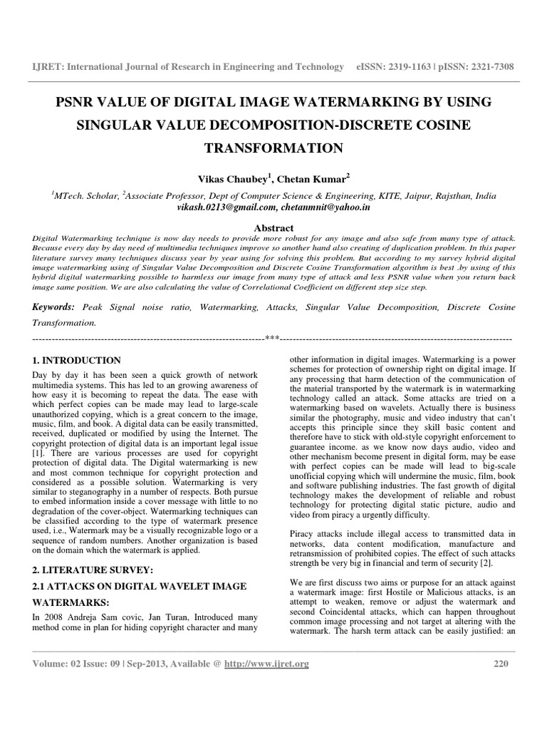 Ijret - PSNR Value of Digital Image Watermarking by Using Singular Value Decomposition-Discrete ...