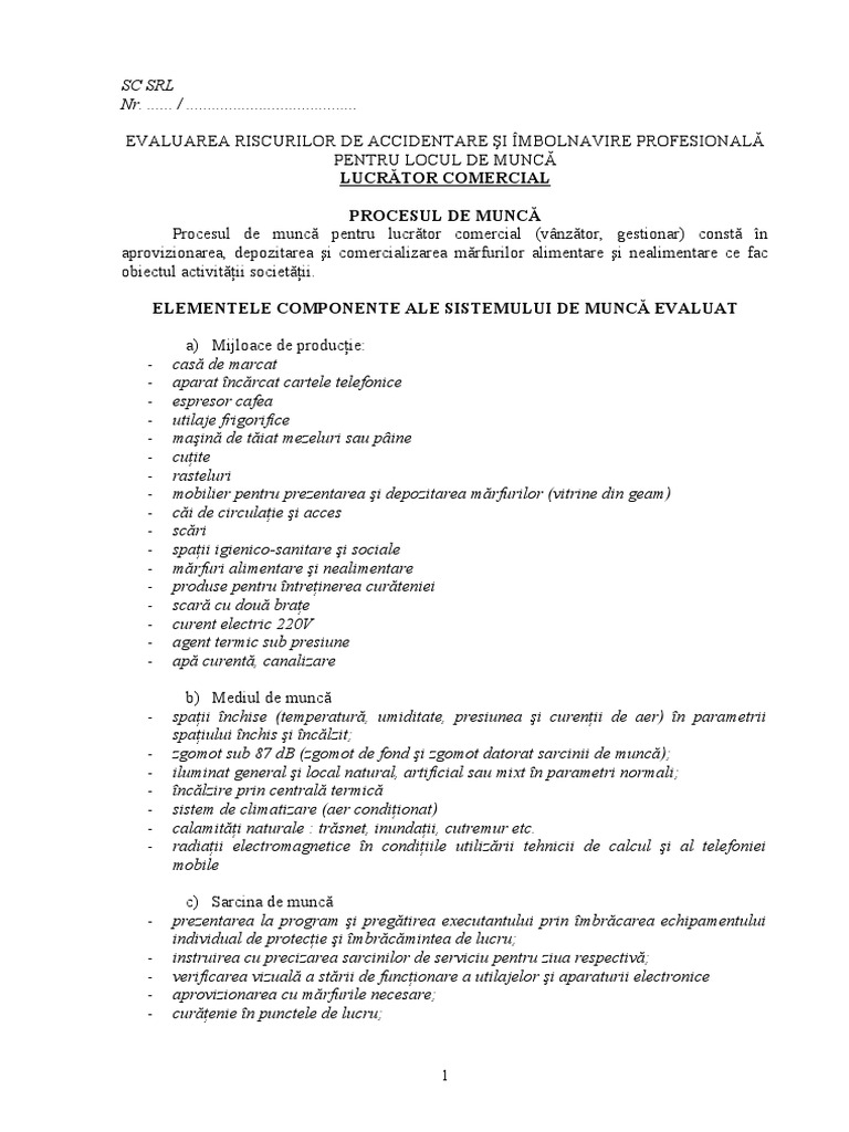 Fisa de Evaluare A Riscurilor - Lucrator Comercial | PDF