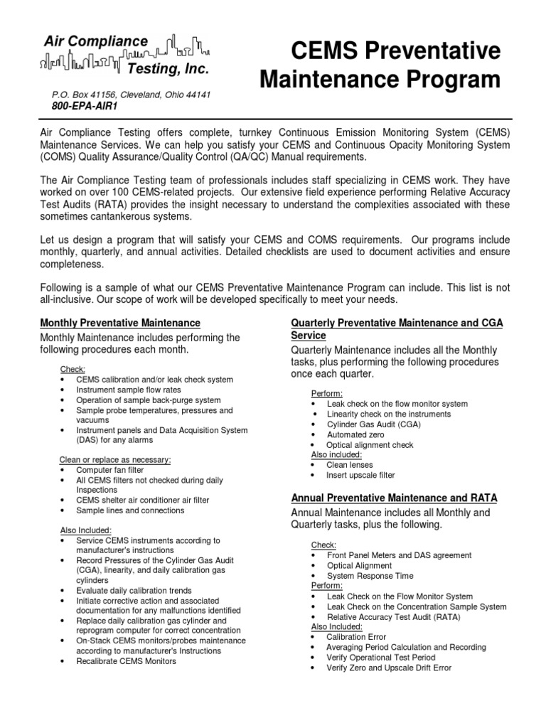 Cem S Maintenance Program Hand Out | PDF | Calibration | Quality Assurance