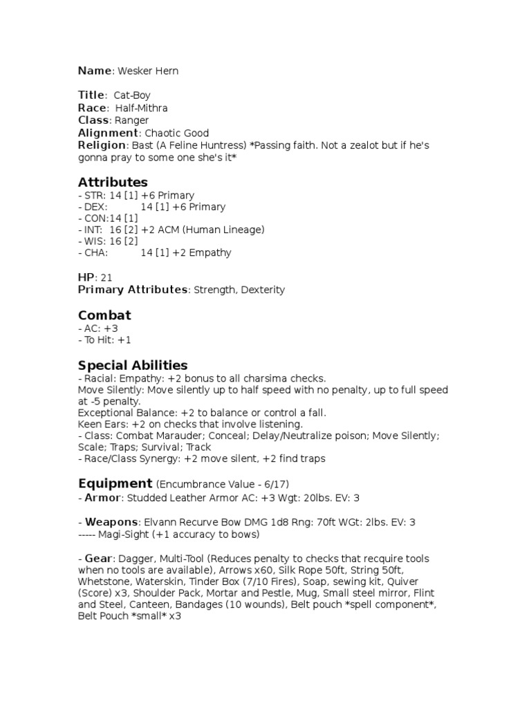 Wesker Hern: Half-Mithra Ranger Profile | PDF
