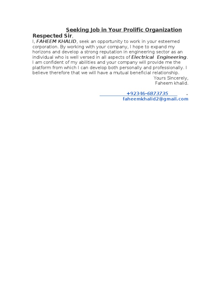 Seeking Job in Your Prolific Organization Respected Sir | PDF