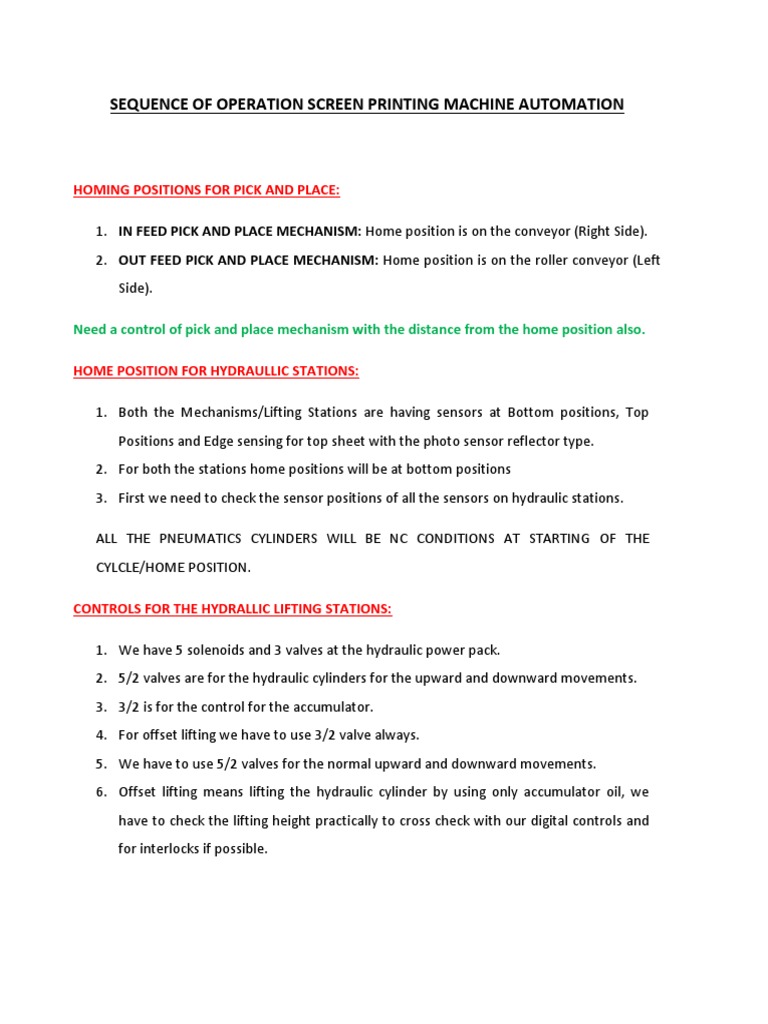 Sequence of Operation Screen Printing Machine Automation | PDF ...