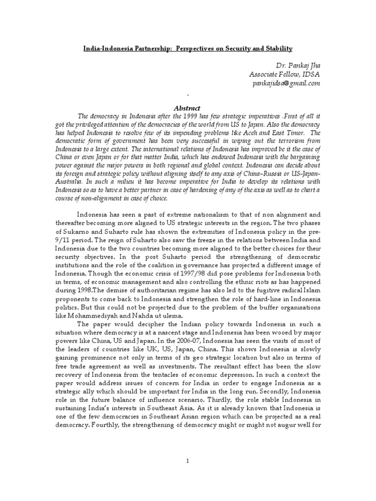 India Indonesia Strategic Partnership Pdf Indonesia Non Aligned