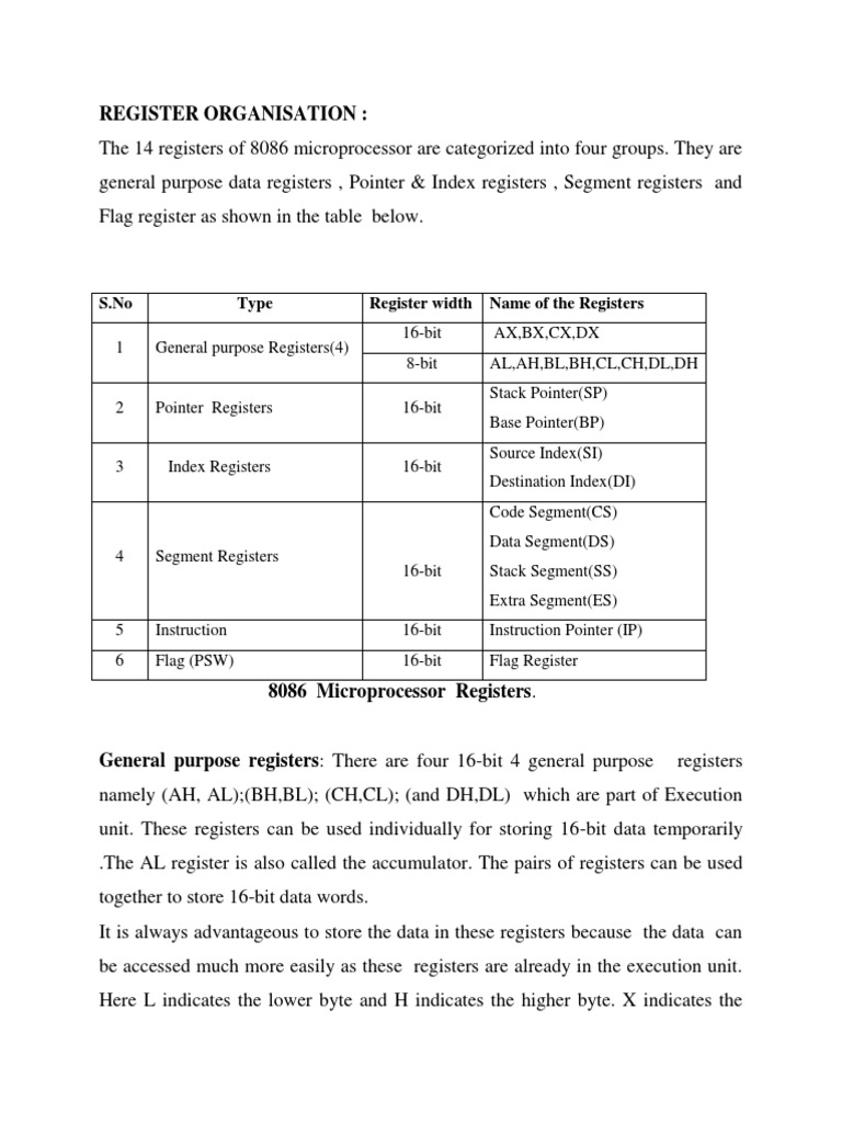 Register Organisation:: S.No Type Register Width Name of The Registers | PDF | Pointer (Computer ...