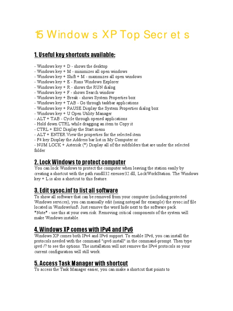 15 Windows XP Top Secrets: 1. Useful Key Shortcuts Available | PDF ...