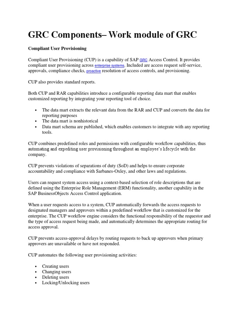 GRC Components - Work Module of GRC: Compliant User Provisioning | PDF