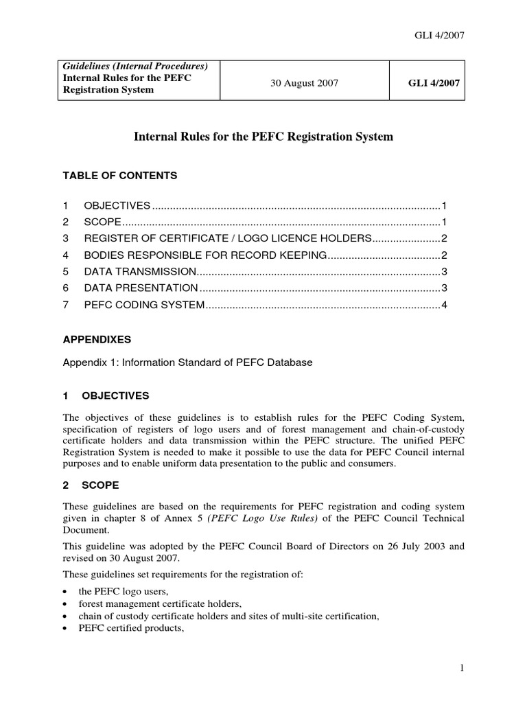 GLI 4/2007, Internal Rules For The PEFC Registration System | PDF ...