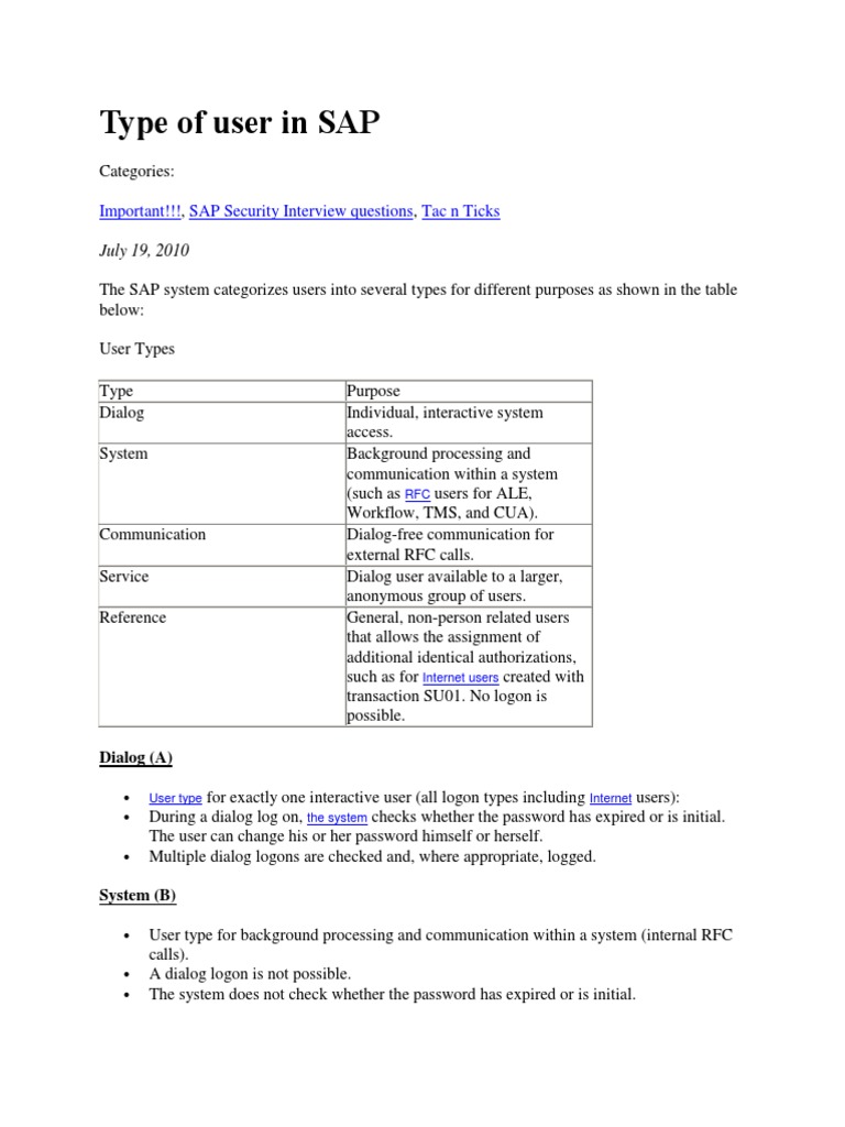 Type of User in SAP: Important!!! SAP Security Interview Questions Tac ...
