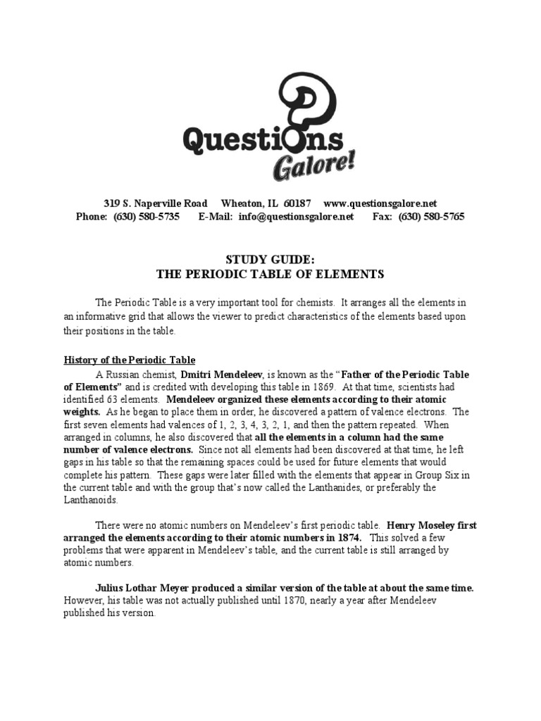 Study Guide: The Periodic Table of Elements | PDF | Chemical Elements ...