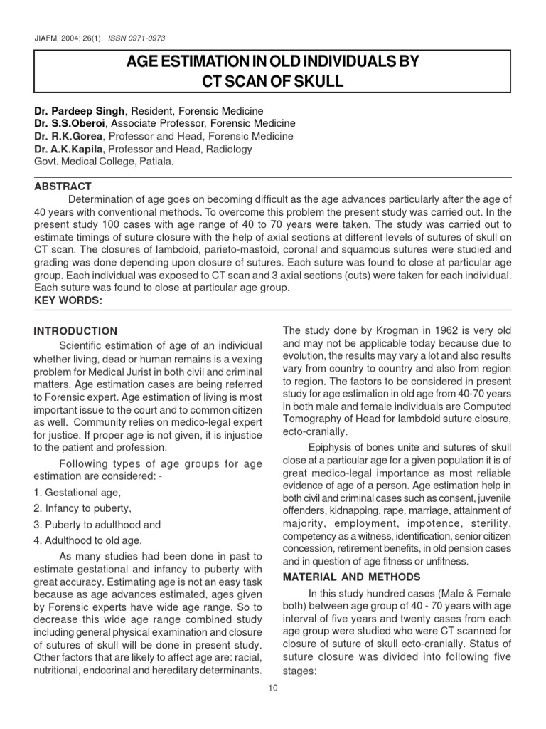Age Estimation in Old Individuals by CT Scan of Skull | PDF | Ct Scan ...