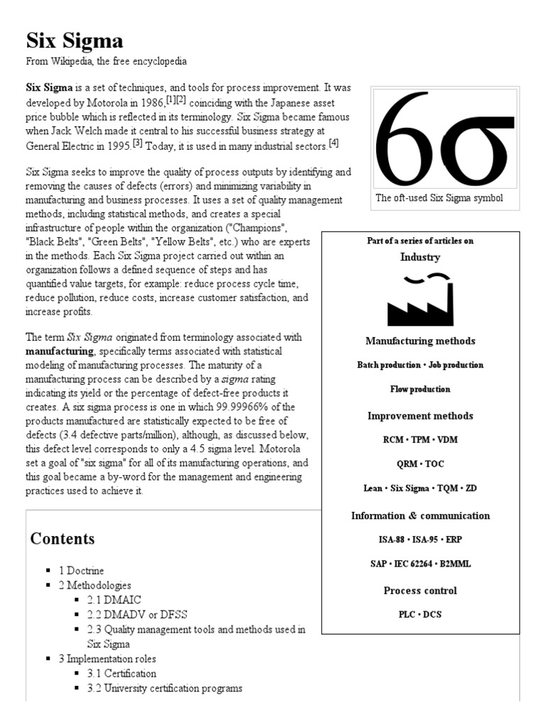 Six Sigma: From Wikipedia, The Free Encyclopedia | PDF | Design For Six ...
