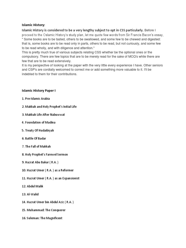 CSS Islamic History Study Guide | PDF | History